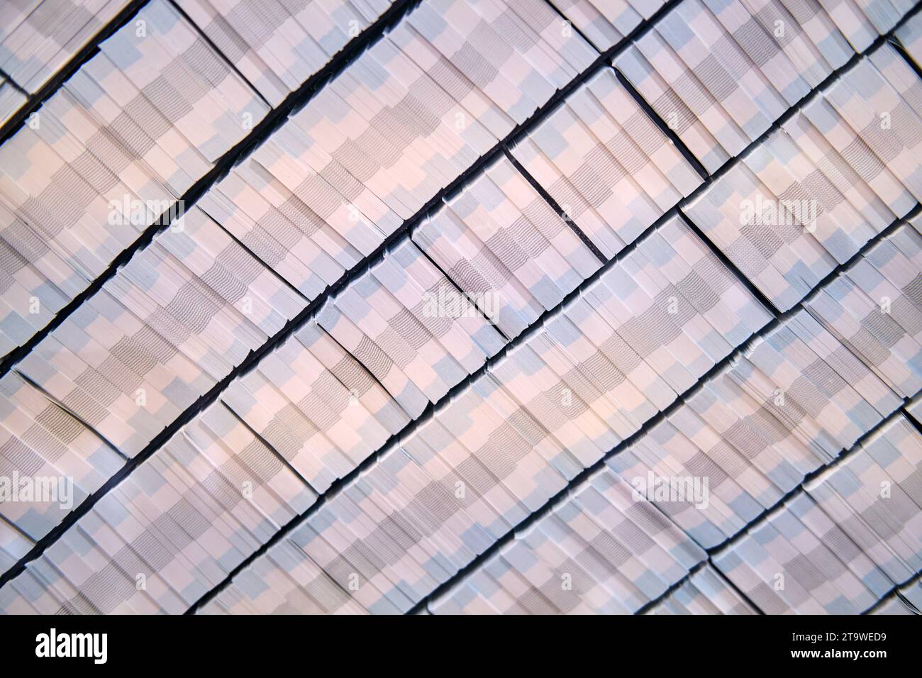 Paper money packaging, background. Banknotes folded in bundles, side ...