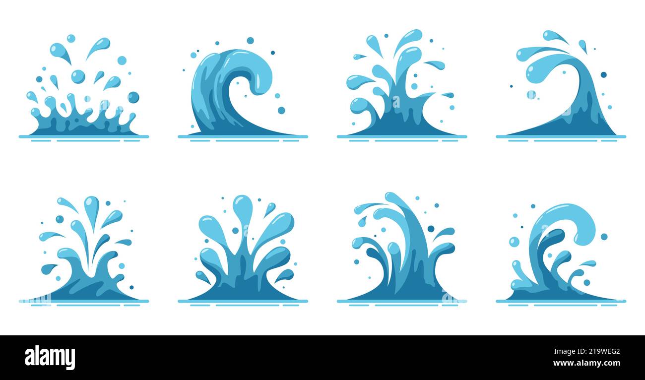 Splashes and sprinkles of water set isolated on white background. Blue ...