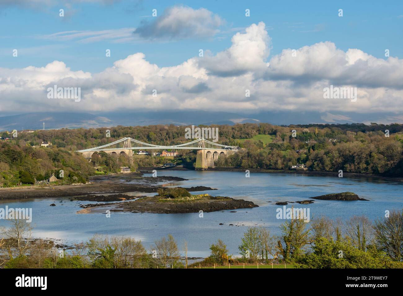 Menai Suspension Bridge and Menai Strait, Anglesey, North Wales Stock ...