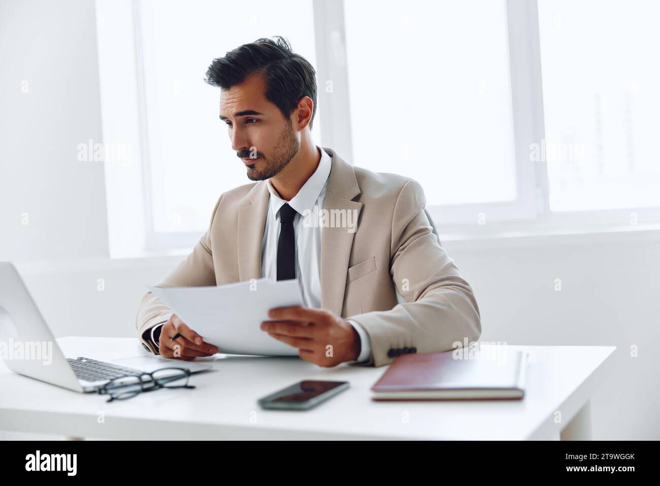 Happy manager suit confident laptop document company office paper ...