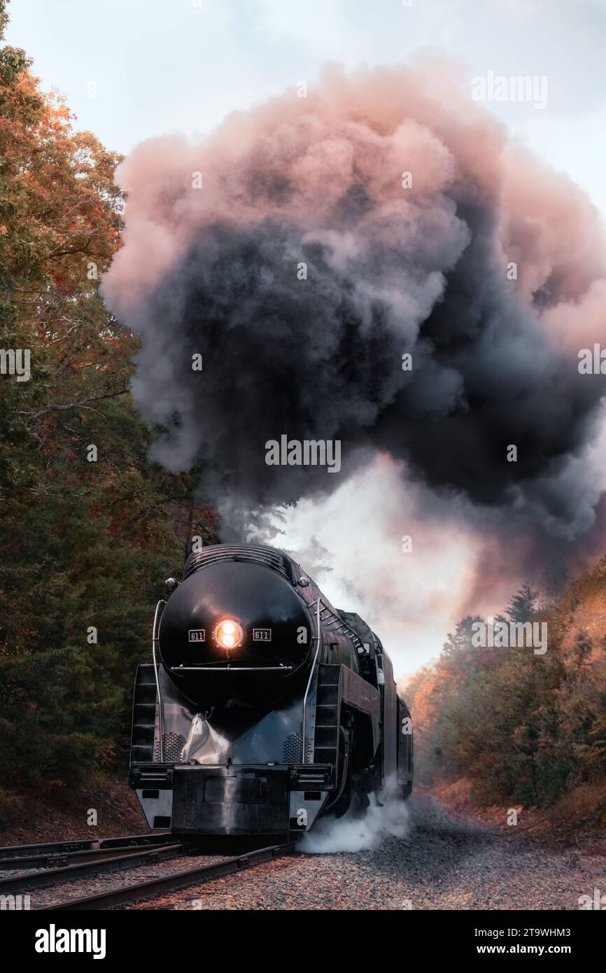 A vintage steam locomotive emitting a billowing cloud of grey smoke as ...