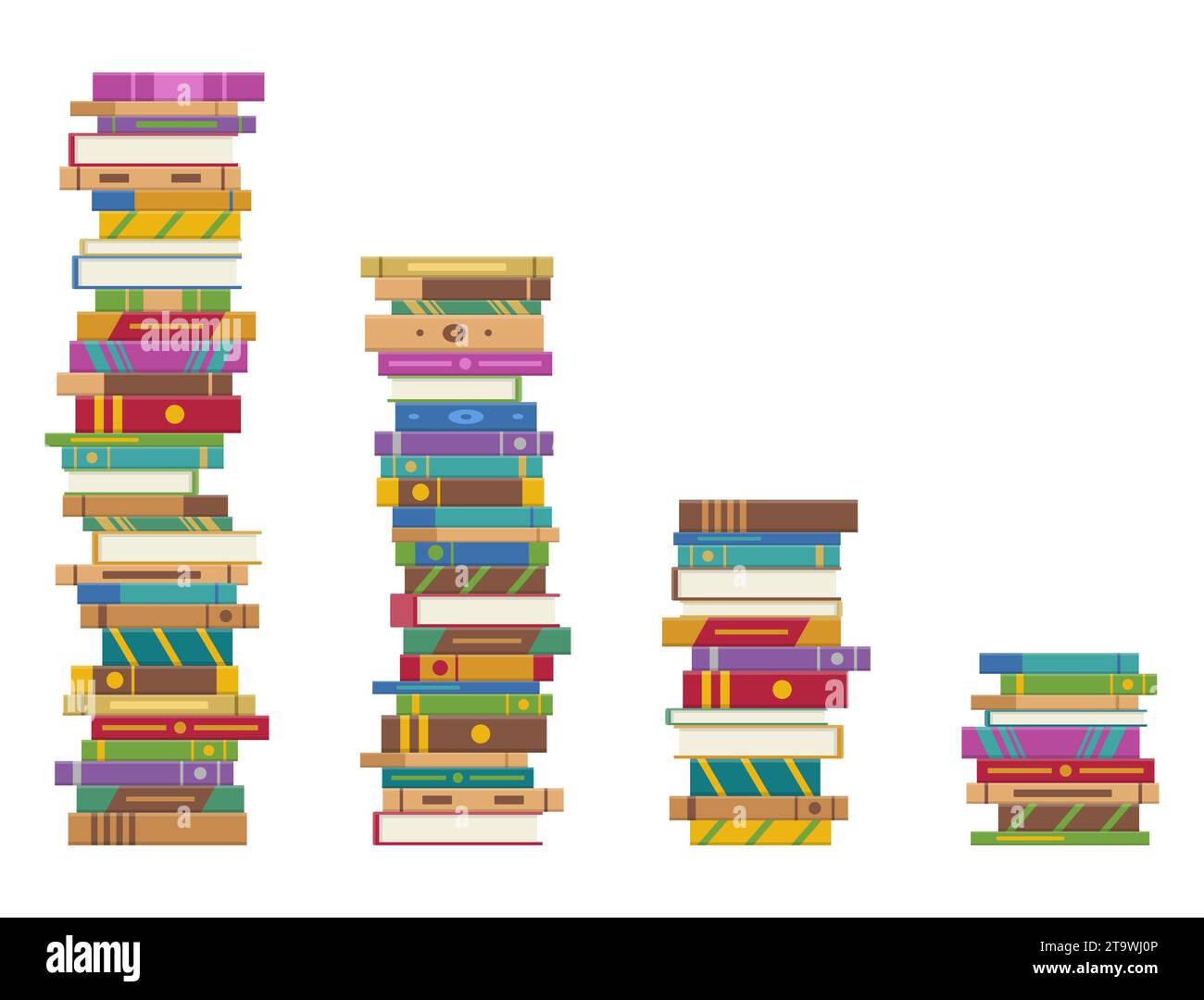 Pile of books isolated on white background. 3 stacks of books different ...