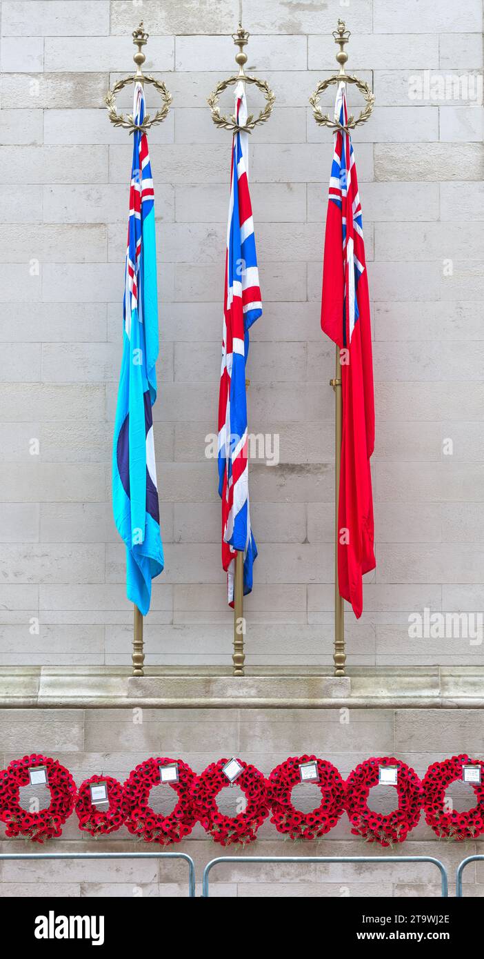 Flags and wreaths on the cenotaph memorial, Whitehall, November 2023 ...