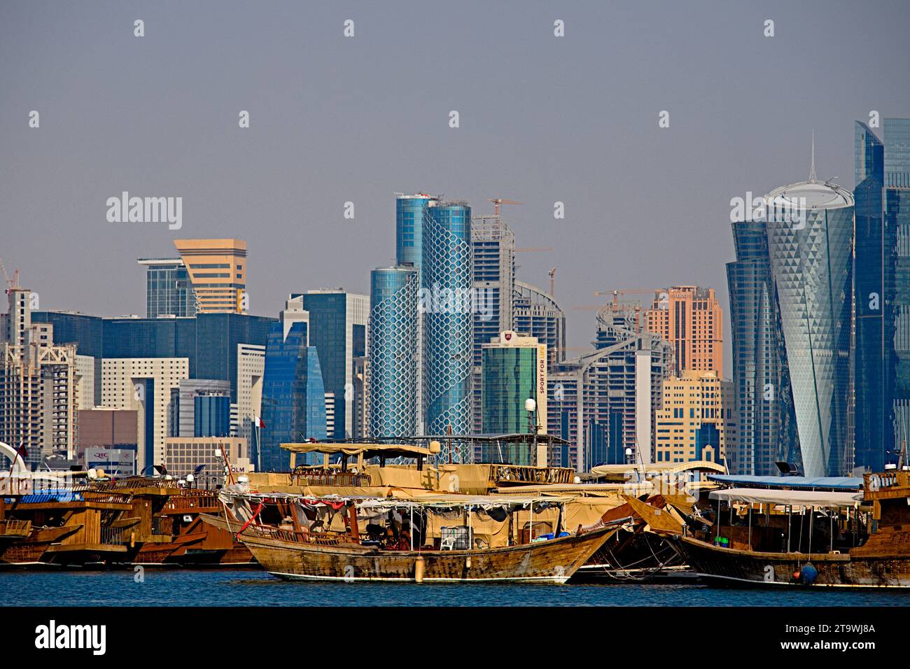 Qatar, Doha, West Bay, business district, skyline, dhow harbour Stock ...
