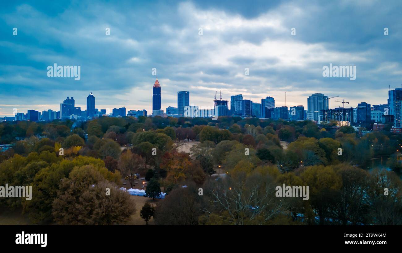 Panoramic aerial view pf Atlanta skyline during sunset on a overcast ...