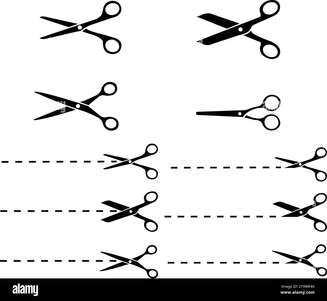 Scissors with cut or dotted line set. flat icon style. Scissors collection black on transparent ...