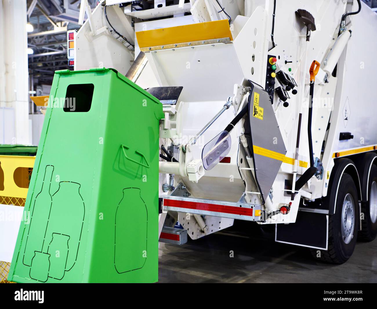 White garbage truck with trash can to collect glass Stock Photo - Alamy