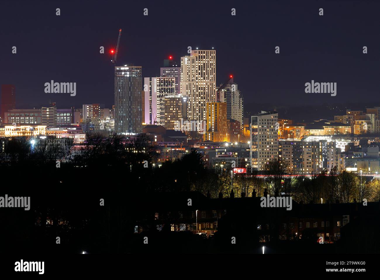 A distant view of tall buildings in Leeds City Centre. The cluster of ...