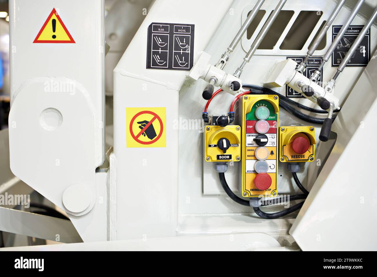 Buttons and levers of the control panel of the white garbage truck ...