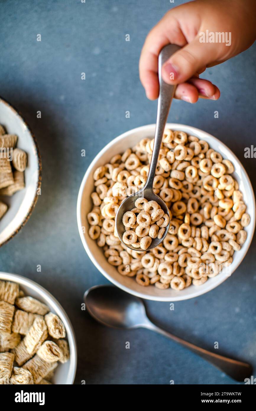Set of various tasty breakfast cereals on light grey table, flat lay ...