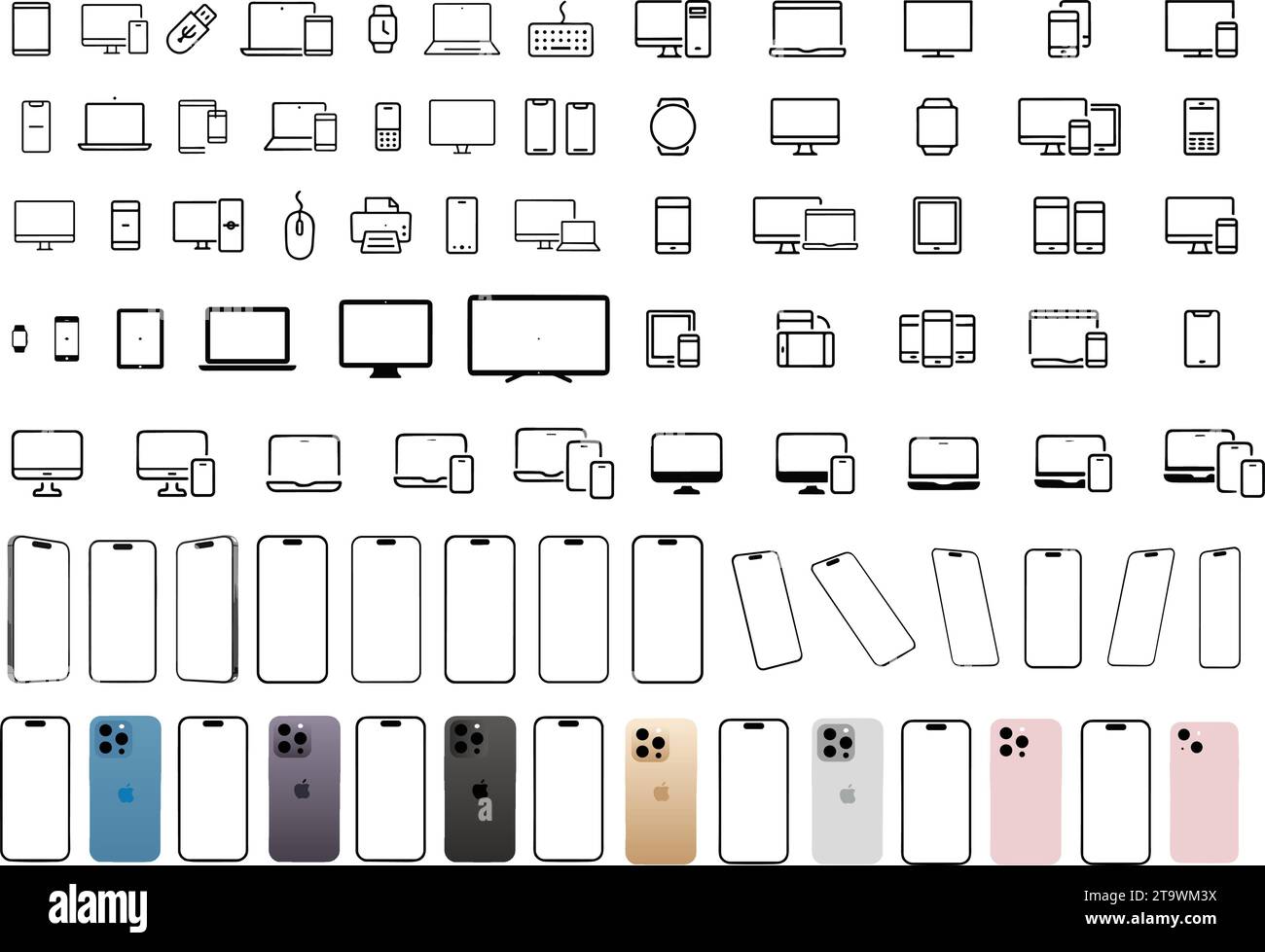 Set of latest iPhone 15, 14 pro max, smartphone, tablet, laptop, LCD ...