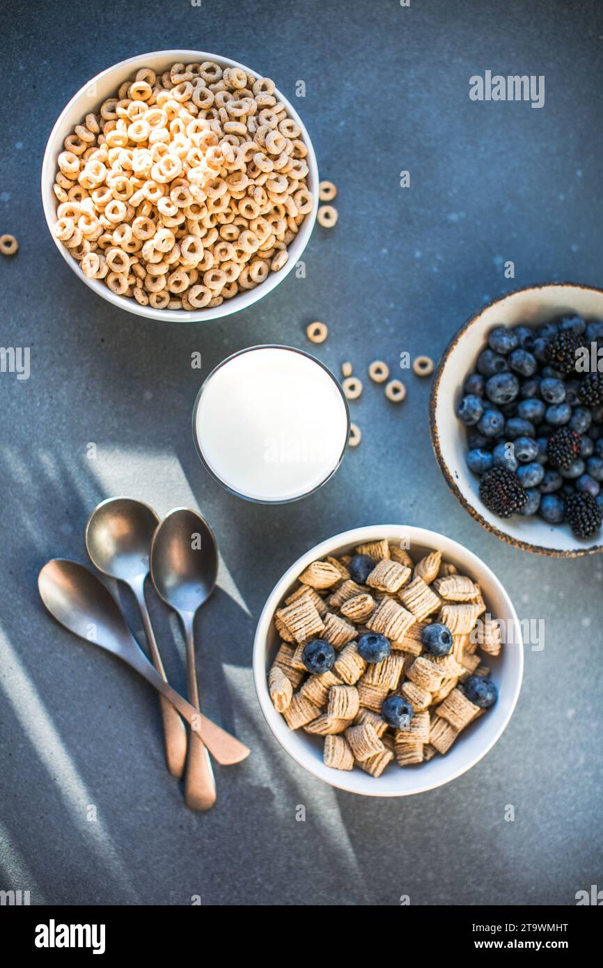 Variety of breakfast whole grain cereals and muesli in bowls on a light ...