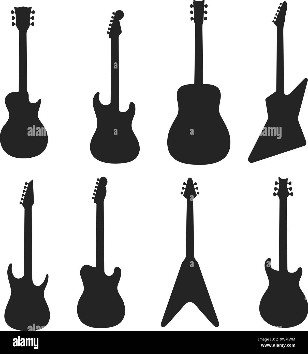 Black flat guitars collection. Acoustic and electric guitar musical ...