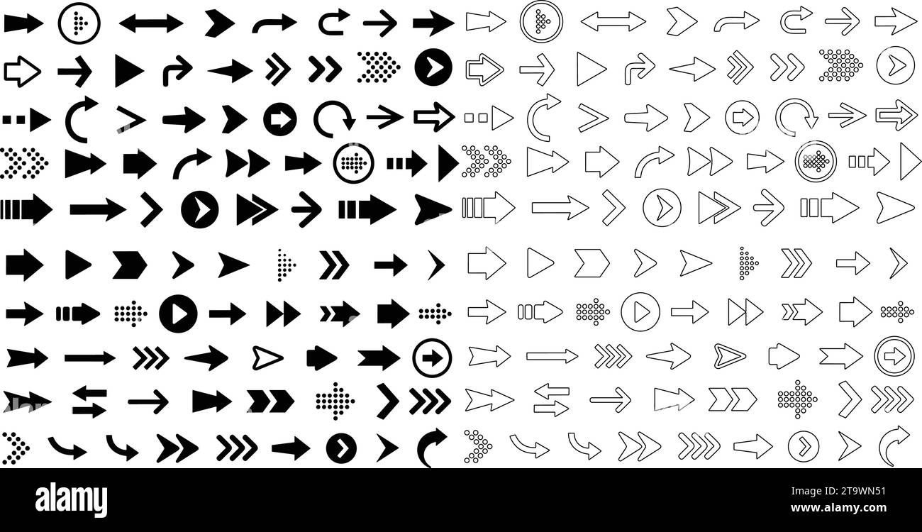 Arrows big black set icons. Arrow line and flat icon. Arrow vector collection. Cursor. Modern ...