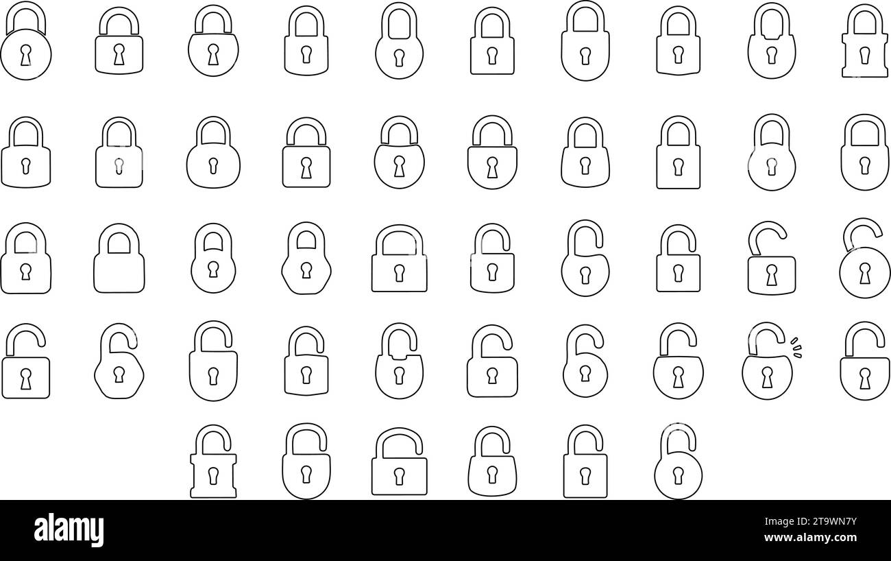 Set of Silhouette of locked and unlocked padlock. Line design. close and open lock collection ...