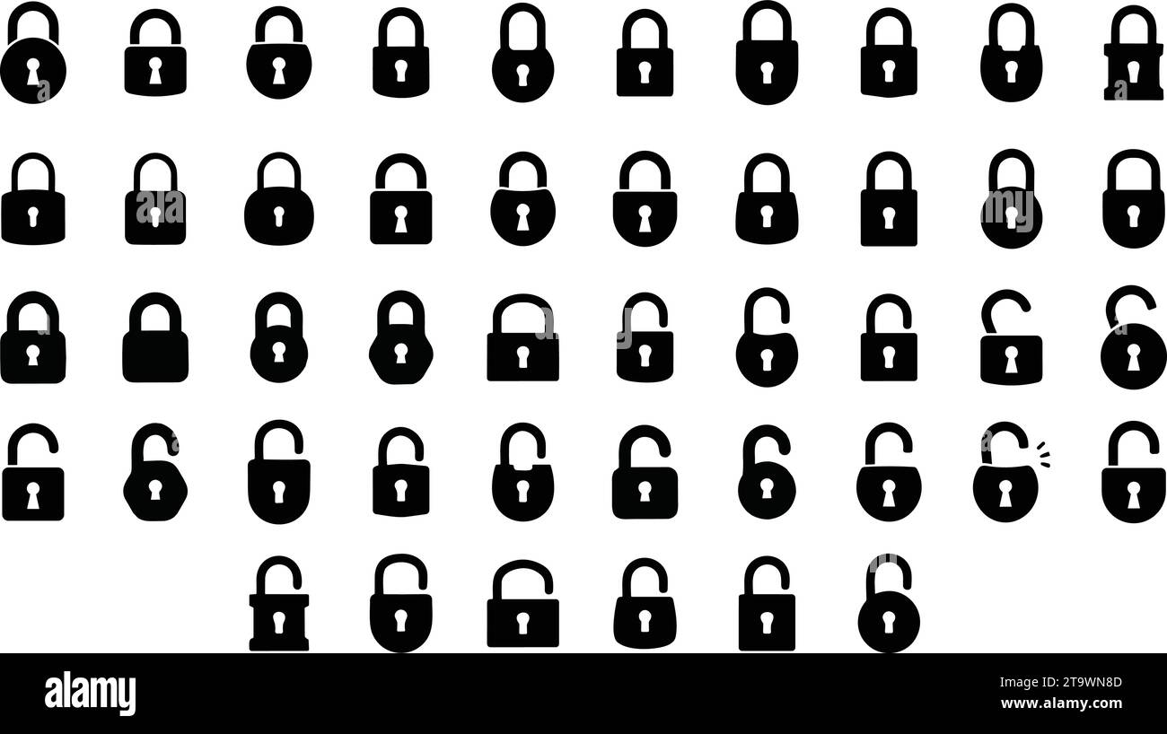 Set of Silhouette of locked and unlocked padlock. Flat design. close ...