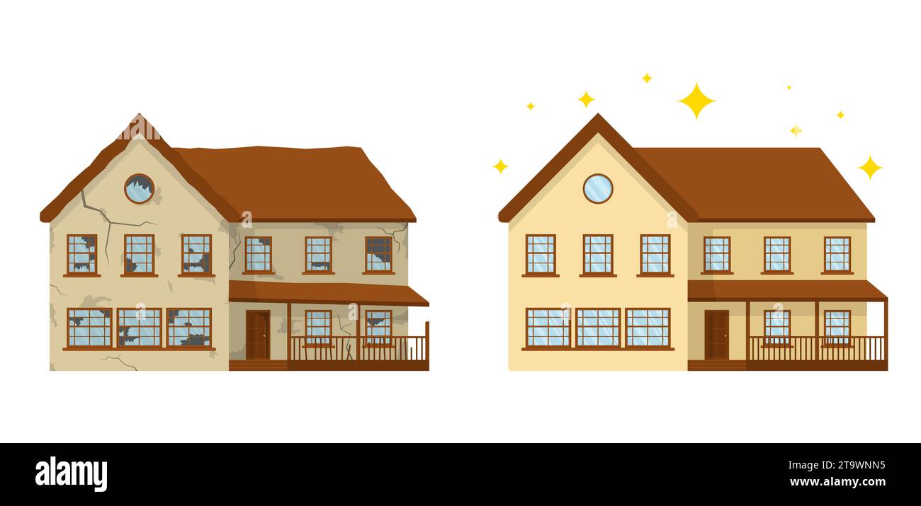 Broken and repaired house. Home before and after repair. Renovation ...