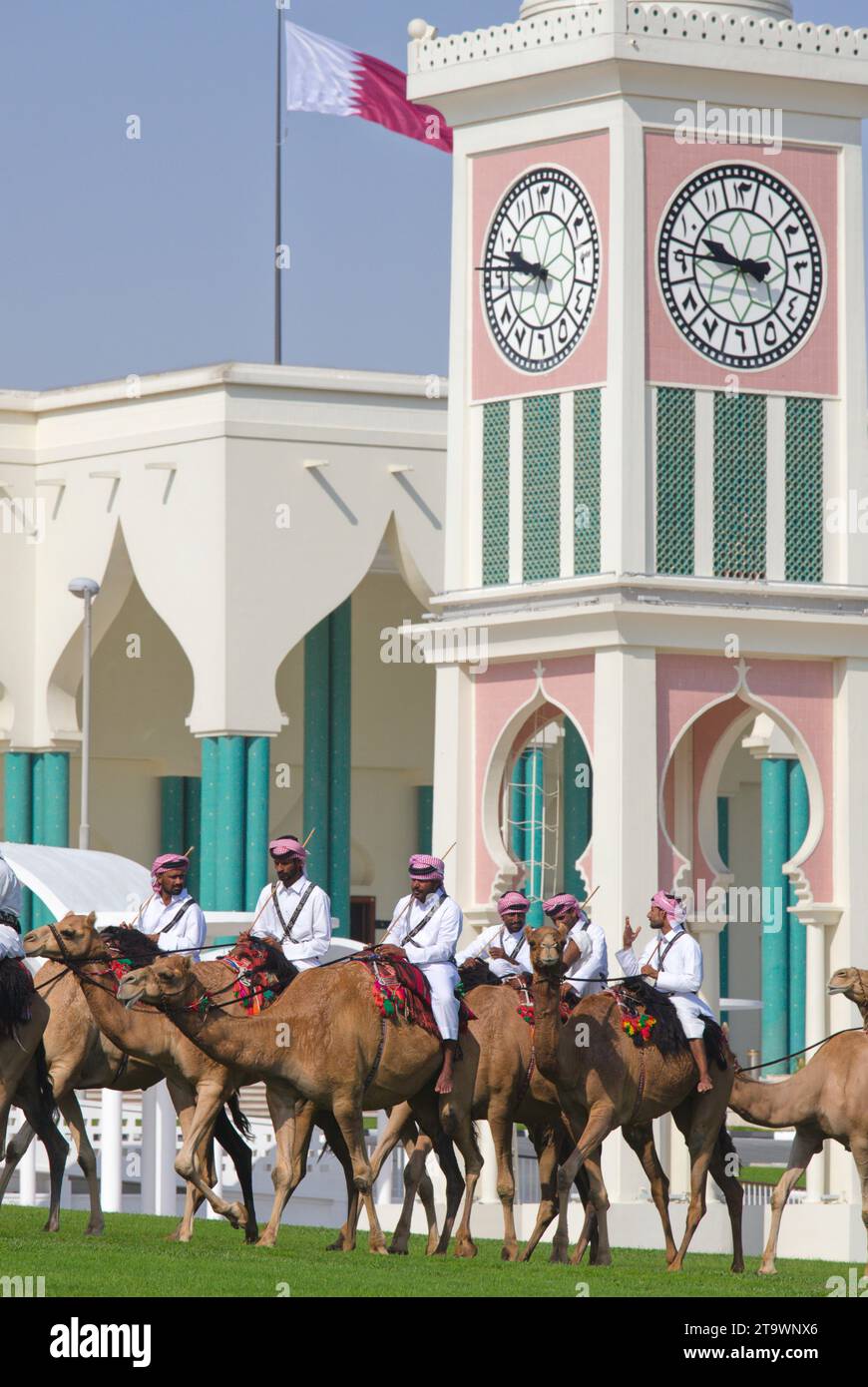 Qatar, Doha, Emiri Palace, Clock Tower, camel cavalry, arabian camels ...