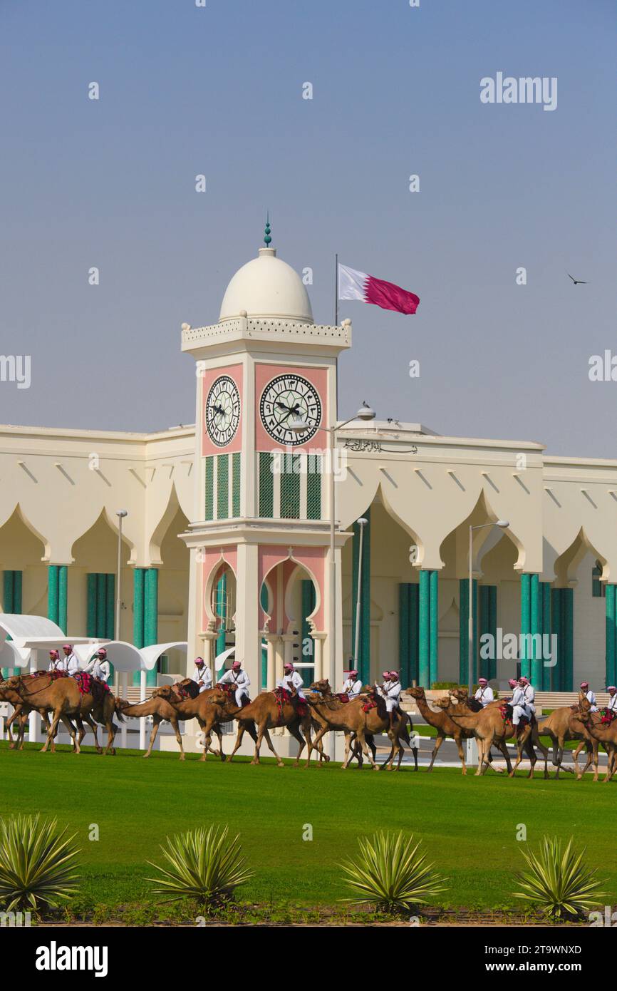 Qatar, Doha, Emiri Palace, Clock Tower, camel cavalry, arabian camels ...