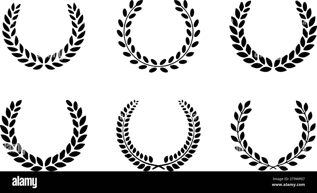 Set black silhouette circular laurel foliate, wheat and oak wreaths ...