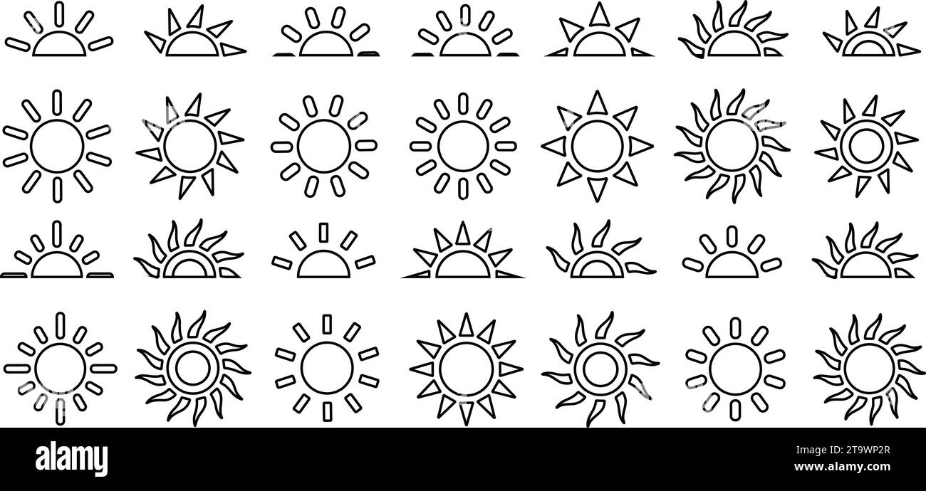 Sun icons vector symbol set. Line suns star icons collection. Summer ...