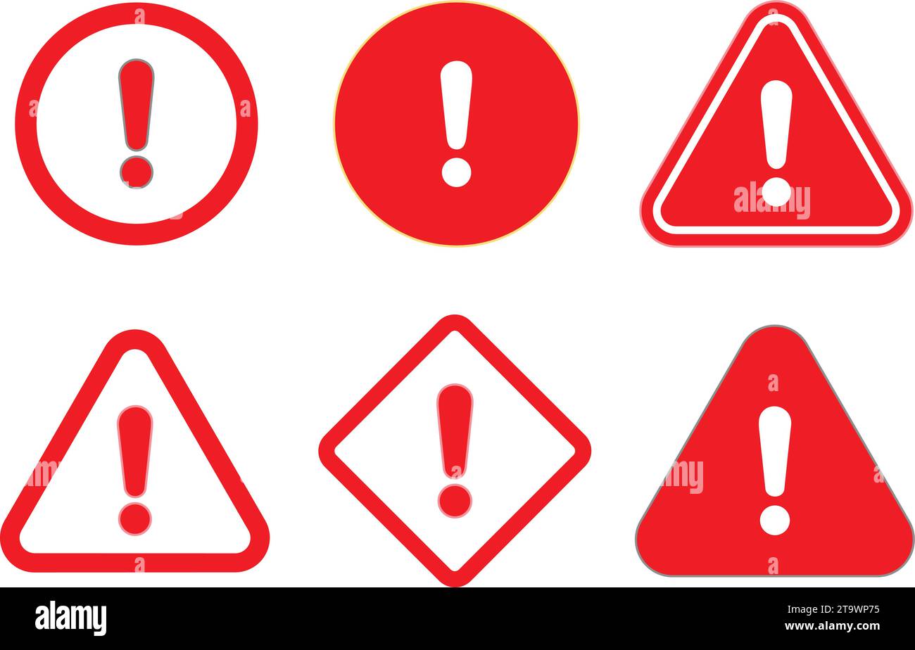 Red Caution Danger And Warning Signs Icons Set Vector Exclamation Marks Attention Alert Or