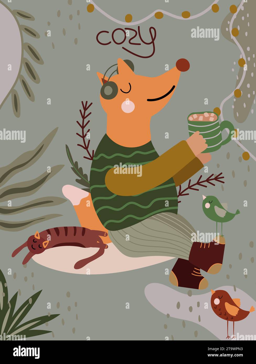 Cute illustration with red fox drinking hot tea and listening to music ...