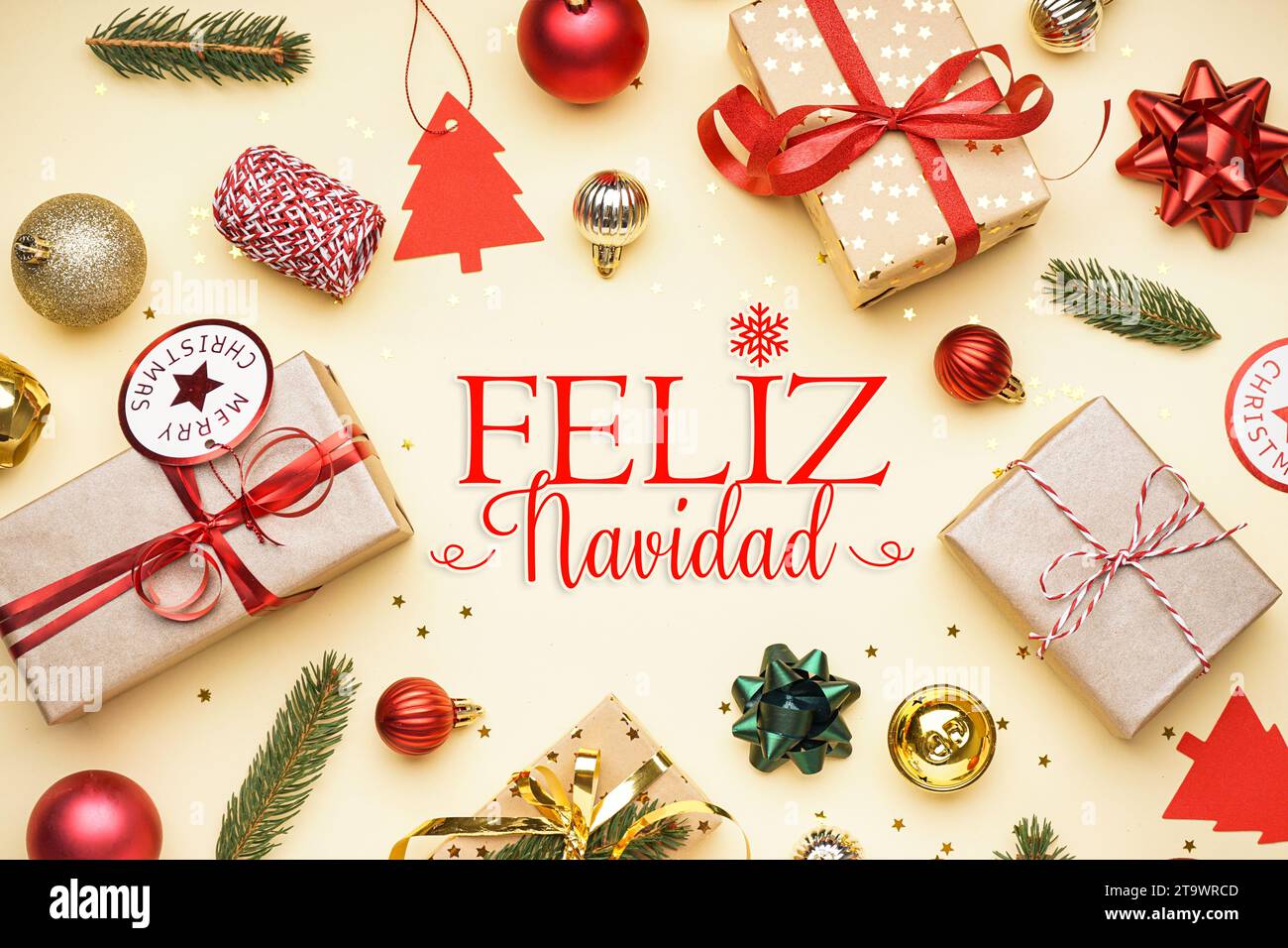 Gift boxes, decorations and text FELIZ NAVIDAD (Spanish for Merry ...