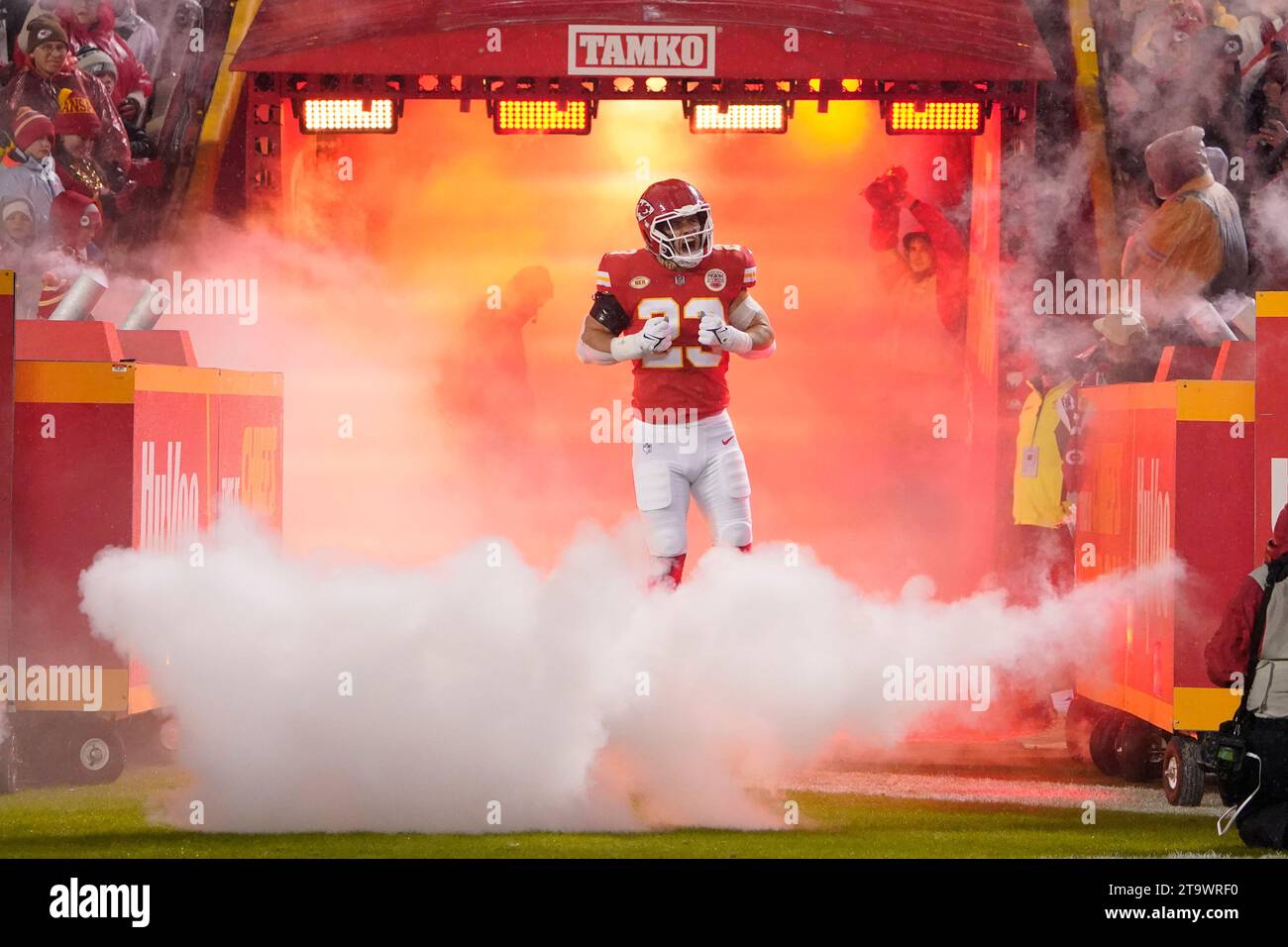 Kansas City Chiefs linebacker Drue Tranquill is introduced during a NFL ...