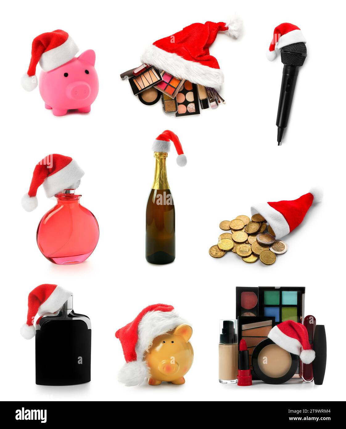 Set of Santa Claus hats with different items on white background Stock ...