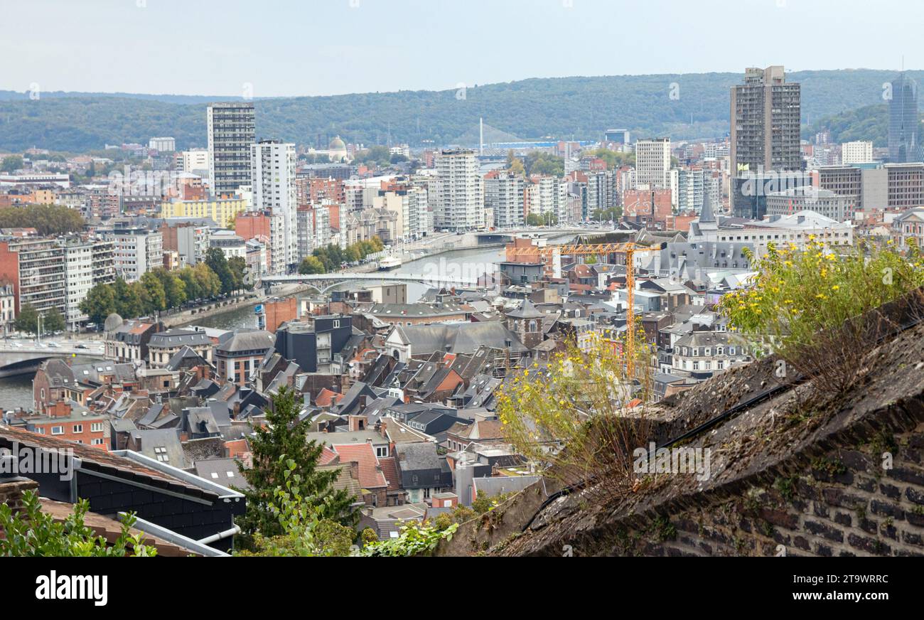 Liege city skyline, with the surrounding hills and the Meuse river ...