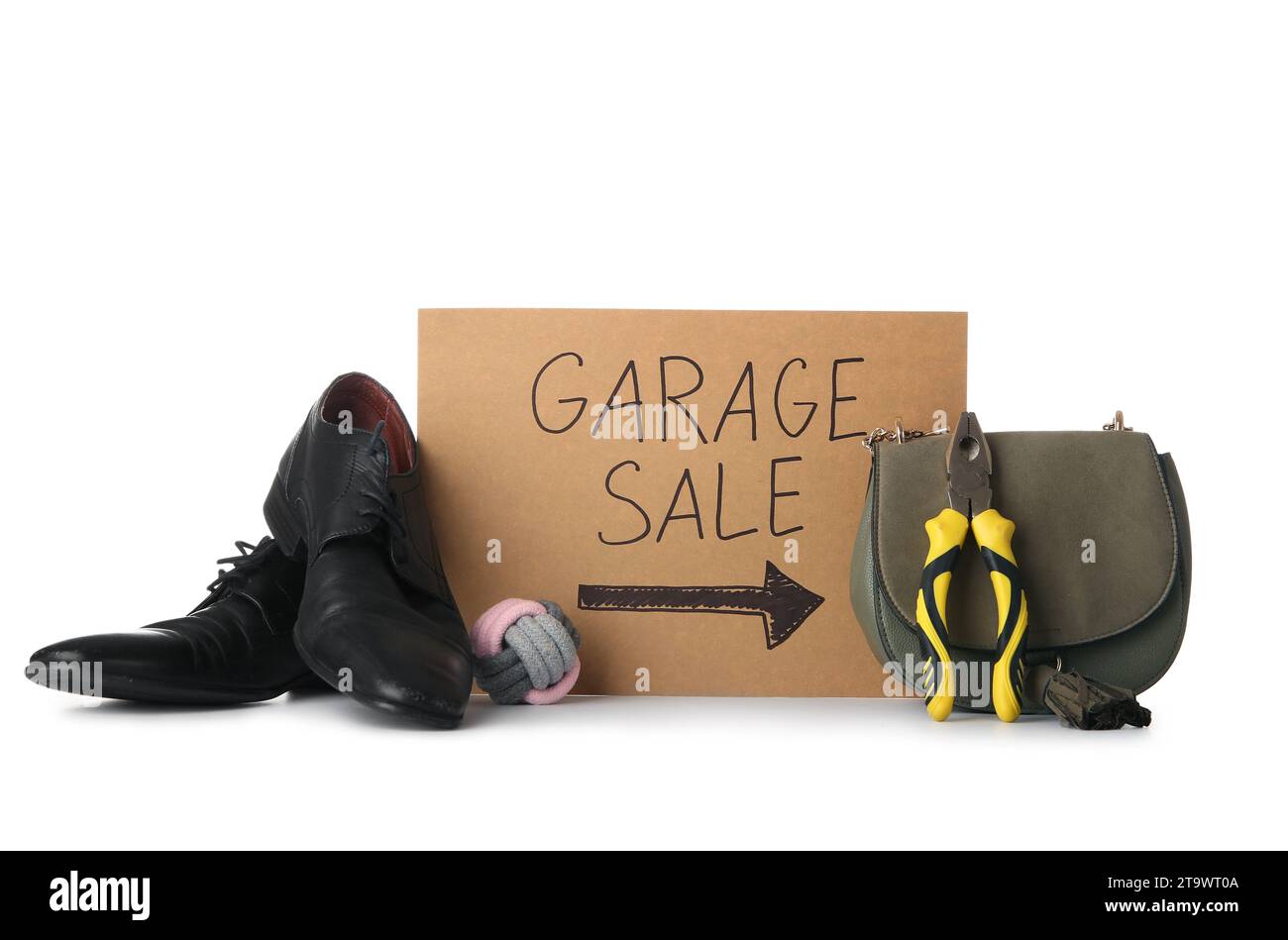 Unwanted stuff and cardboard with text GARAGE SALE isolated on white ...