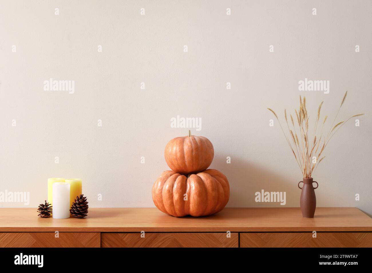Wooden cabinet with pumpkins, pampas grass and candles in living room ...