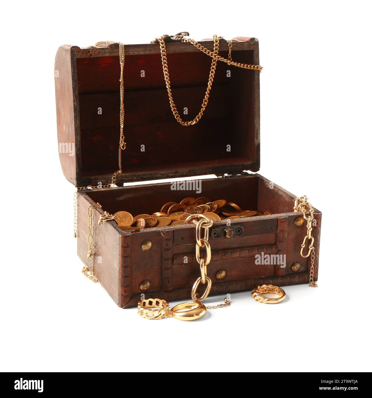 Old chest with treasures isolated on white background Stock Photo - Alamy