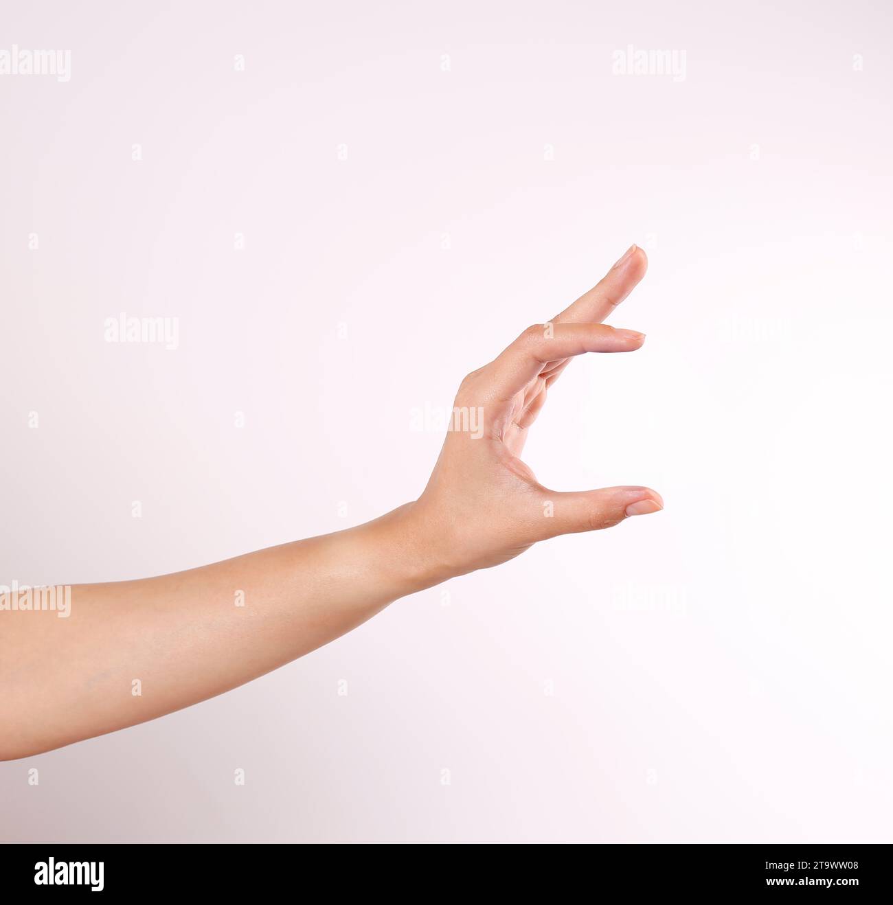 Woman's hand making gesture while grab some items isolated on white ...