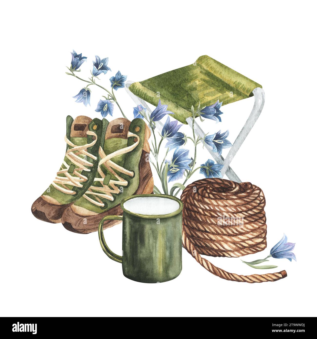 Camping watercolor composition. Tourist equipment, items for camping ...