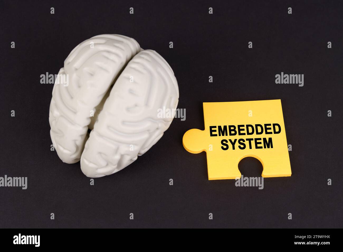 On a black surface lies a brain and a yellow puzzle with the ...