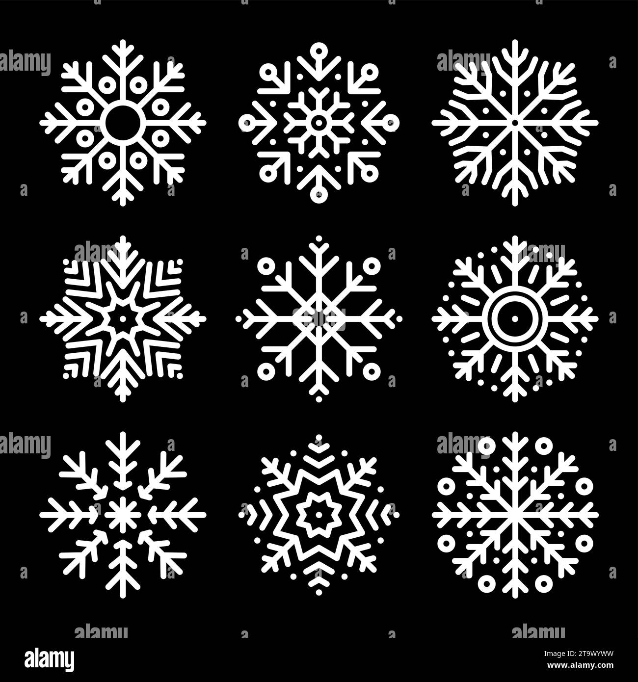 Set of snowflake icons isolated on black background. Snow icons silhouette, winter, New year and ...