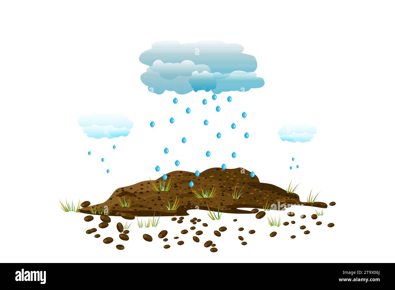 Rain of cloud falling on pile soil with grass. Earth, young plant and ...