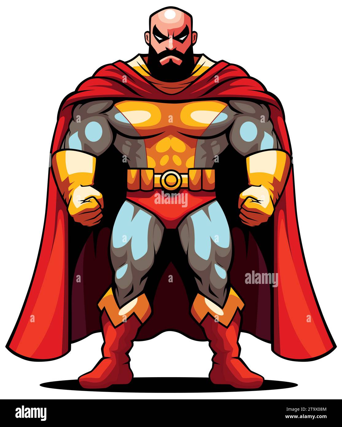 Bald superhero with a stern look, wearing a colorful costume and red ...