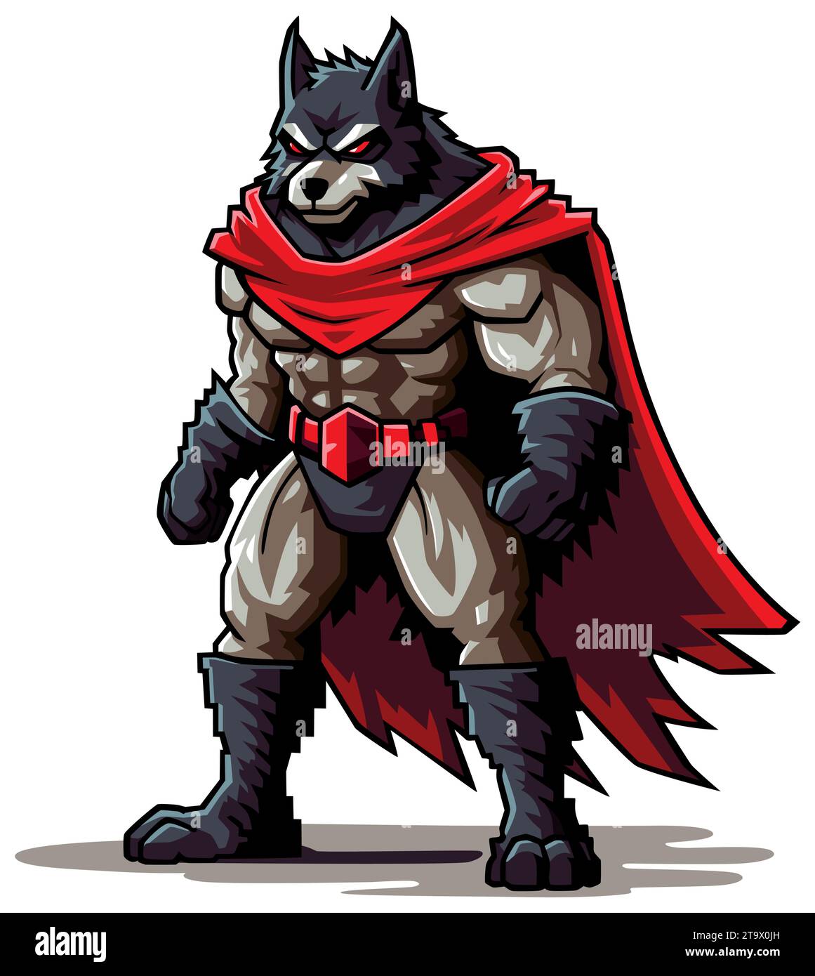 Anthropomorphic wolf superhero with a muscular build and red cape ...