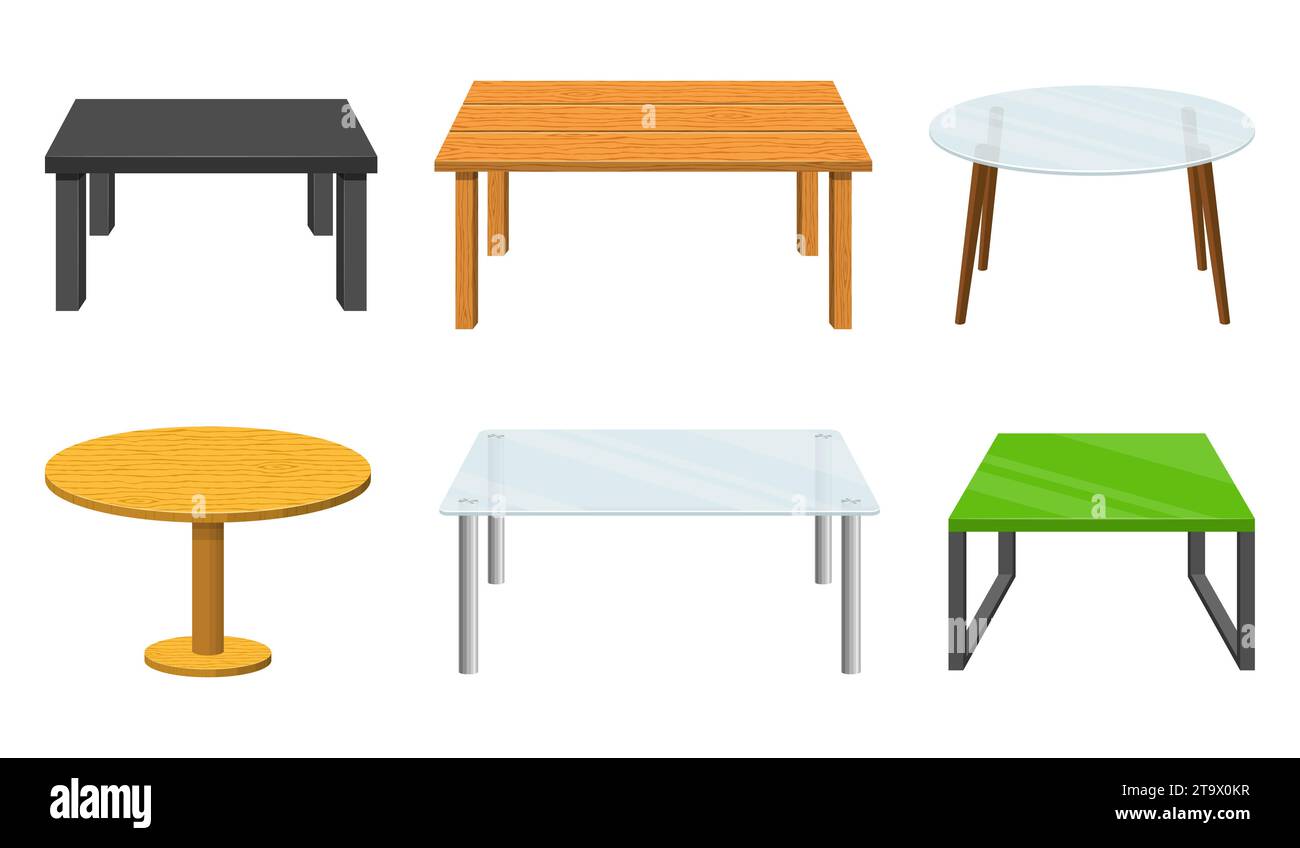 Different tables set isolated on white background. Tables furniture of wood, glass, metal and ...