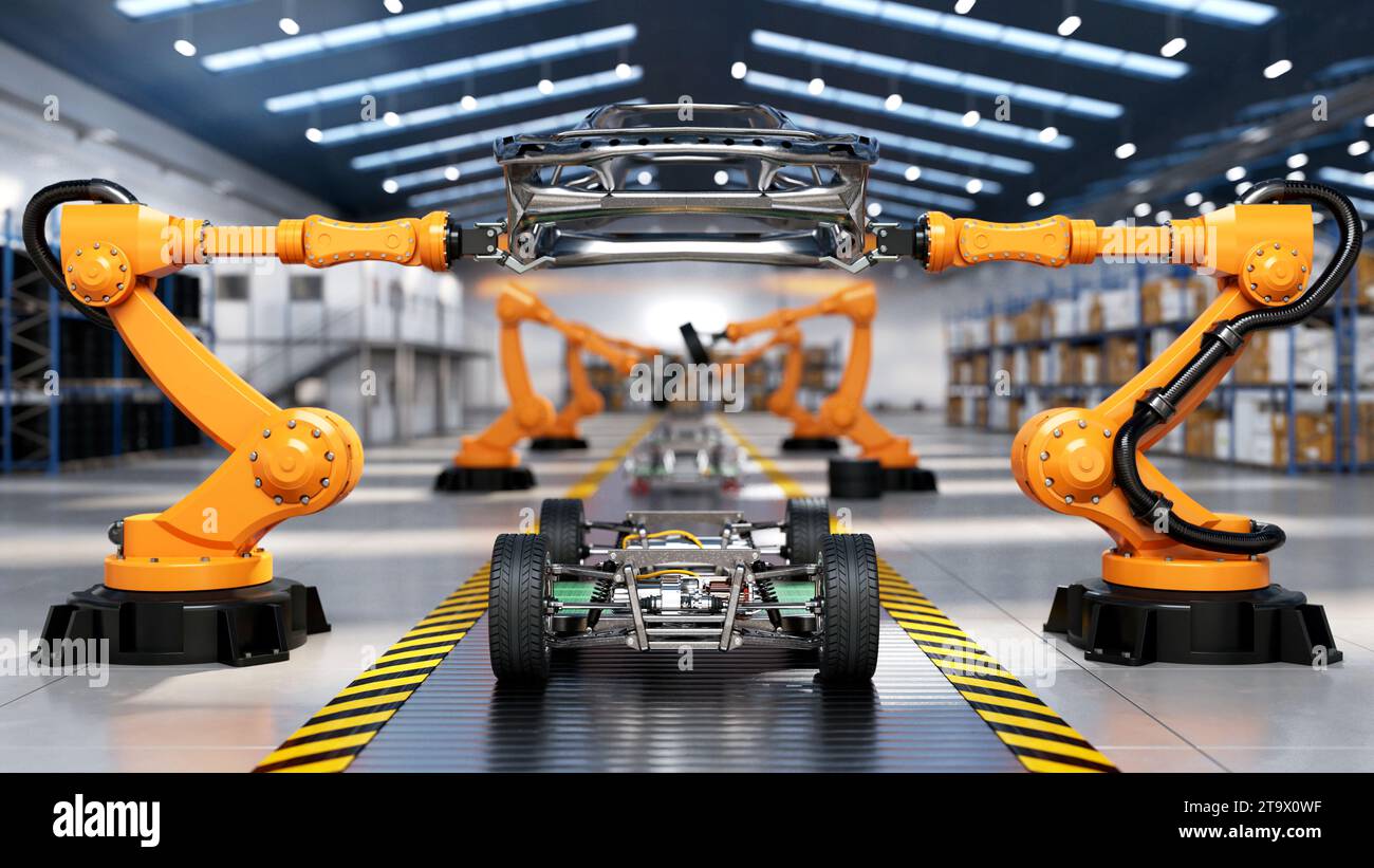 Assembly line in car factory with industrial robotic arms, 3D rendering ...