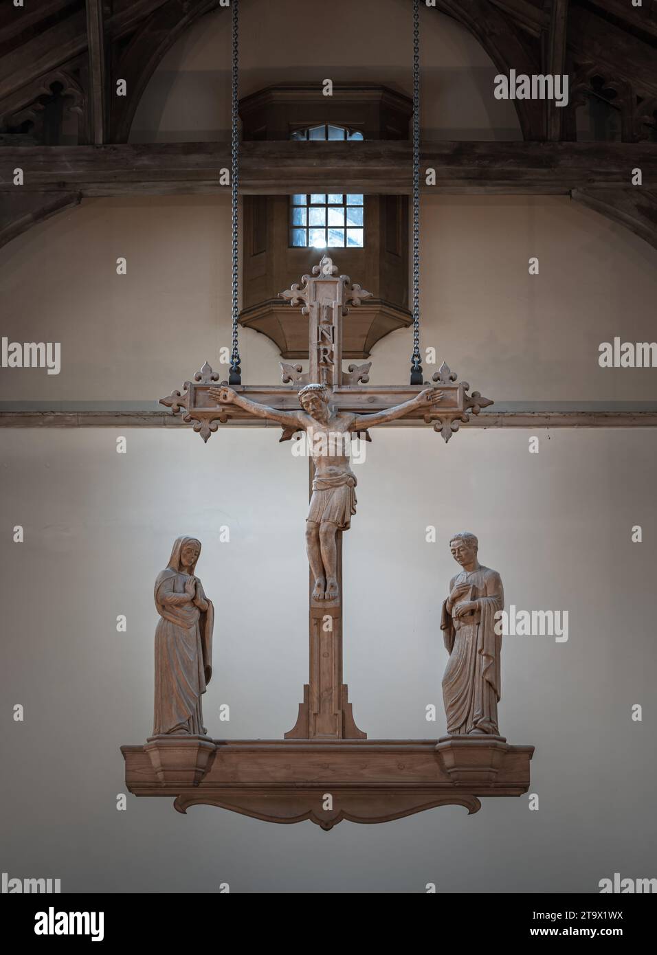 Liverpool, UK - Oct 07, 2023 - The Rood, hanging above the altar. Jesus ...