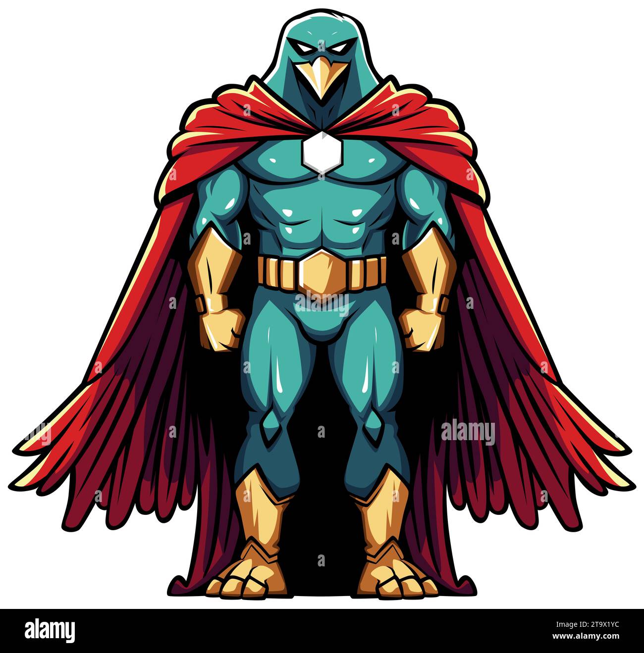 Anthropomorphic eagle character in a superhero outfit, with a teal and gold costume and a ...