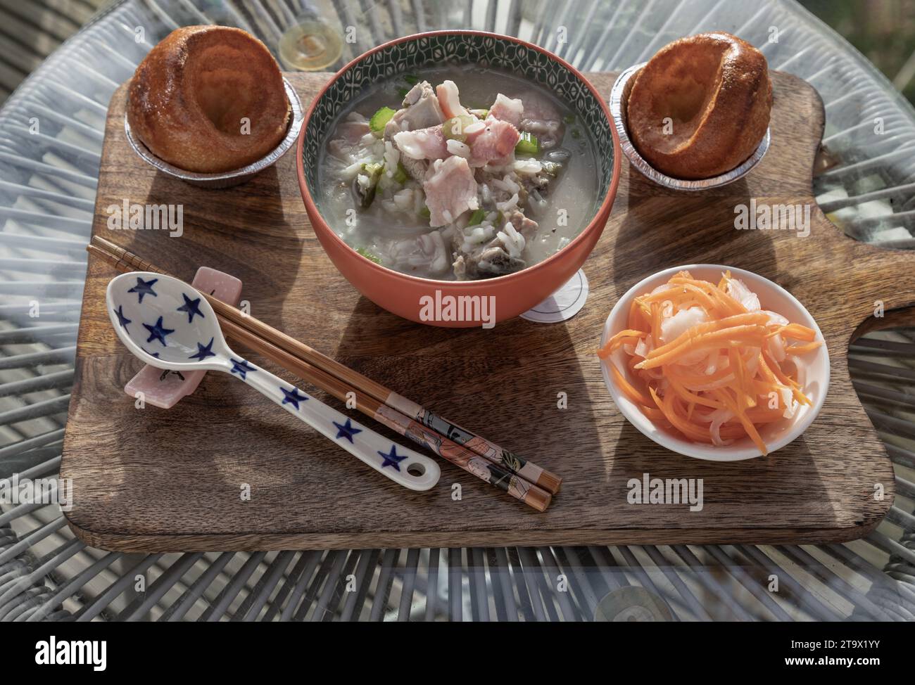 Hot Boiled rice or Rice porridge with Pork spare ribs soup and Ham ...