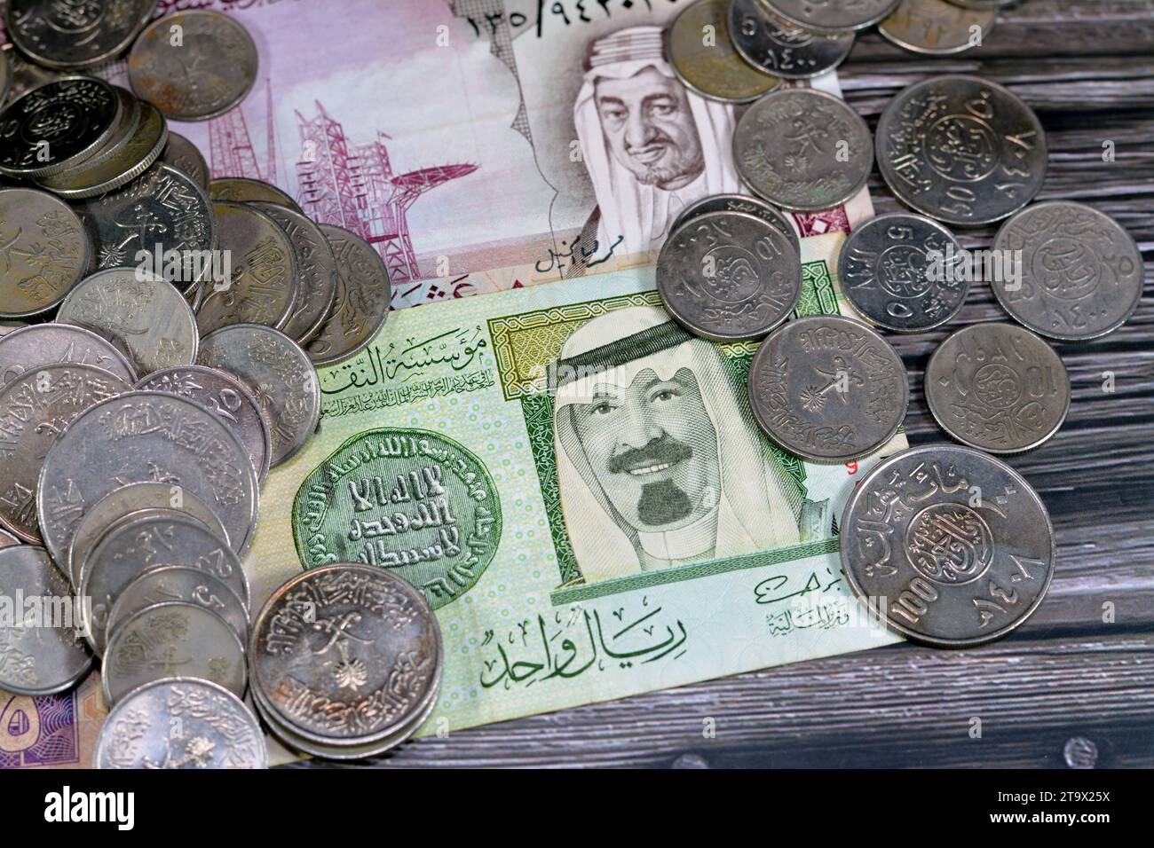 Saudi Arabia riyals money banknote bills and coins of different eras ...