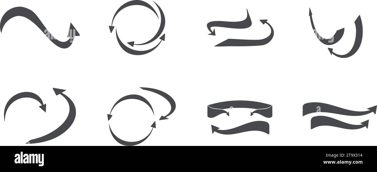 Arrow turning in a circle. Black cursor in a circle. Set of flat round ...