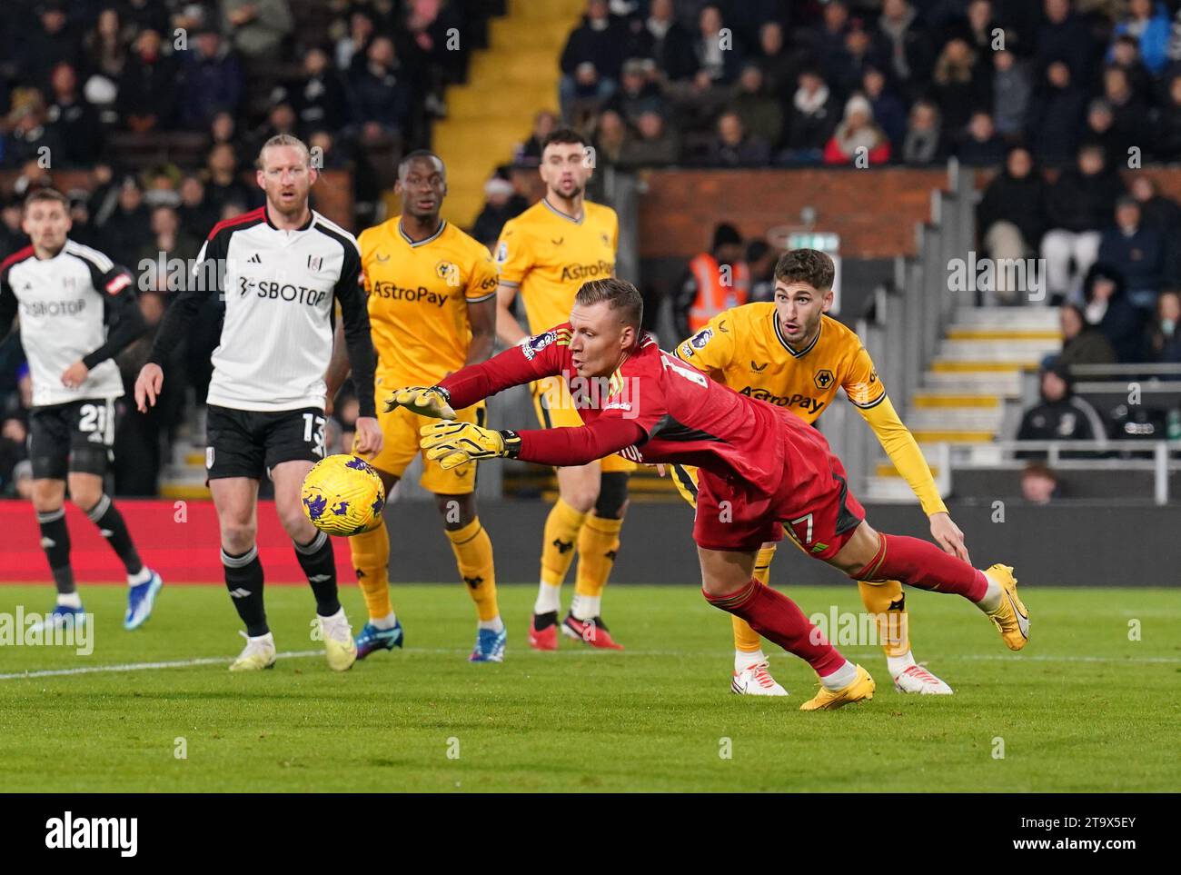 Fulham goalkeeper Bernd Leno makes a save during the Premier League ...
