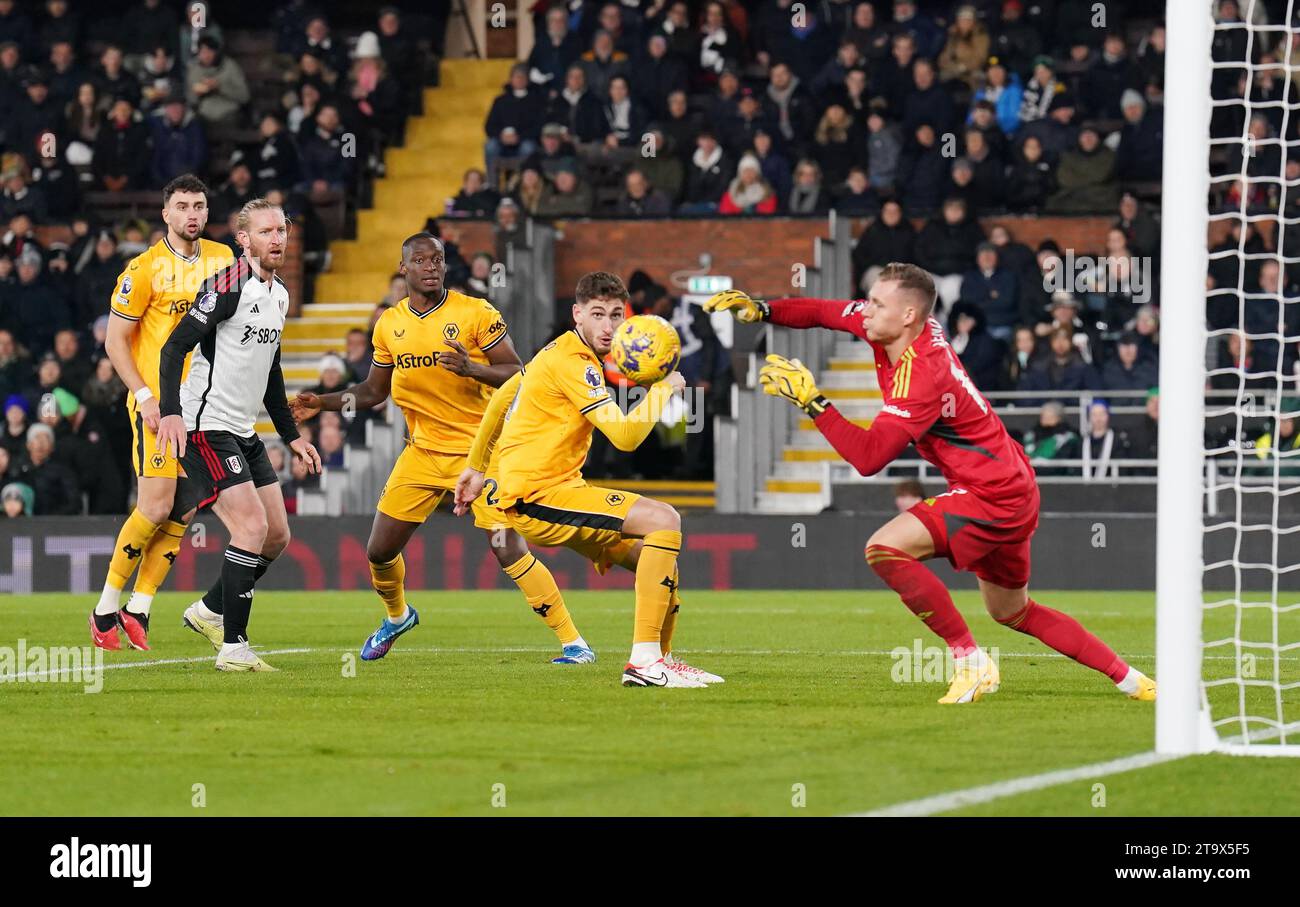 Fulham goalkeeper Bernd Leno makes a save during the Premier League ...